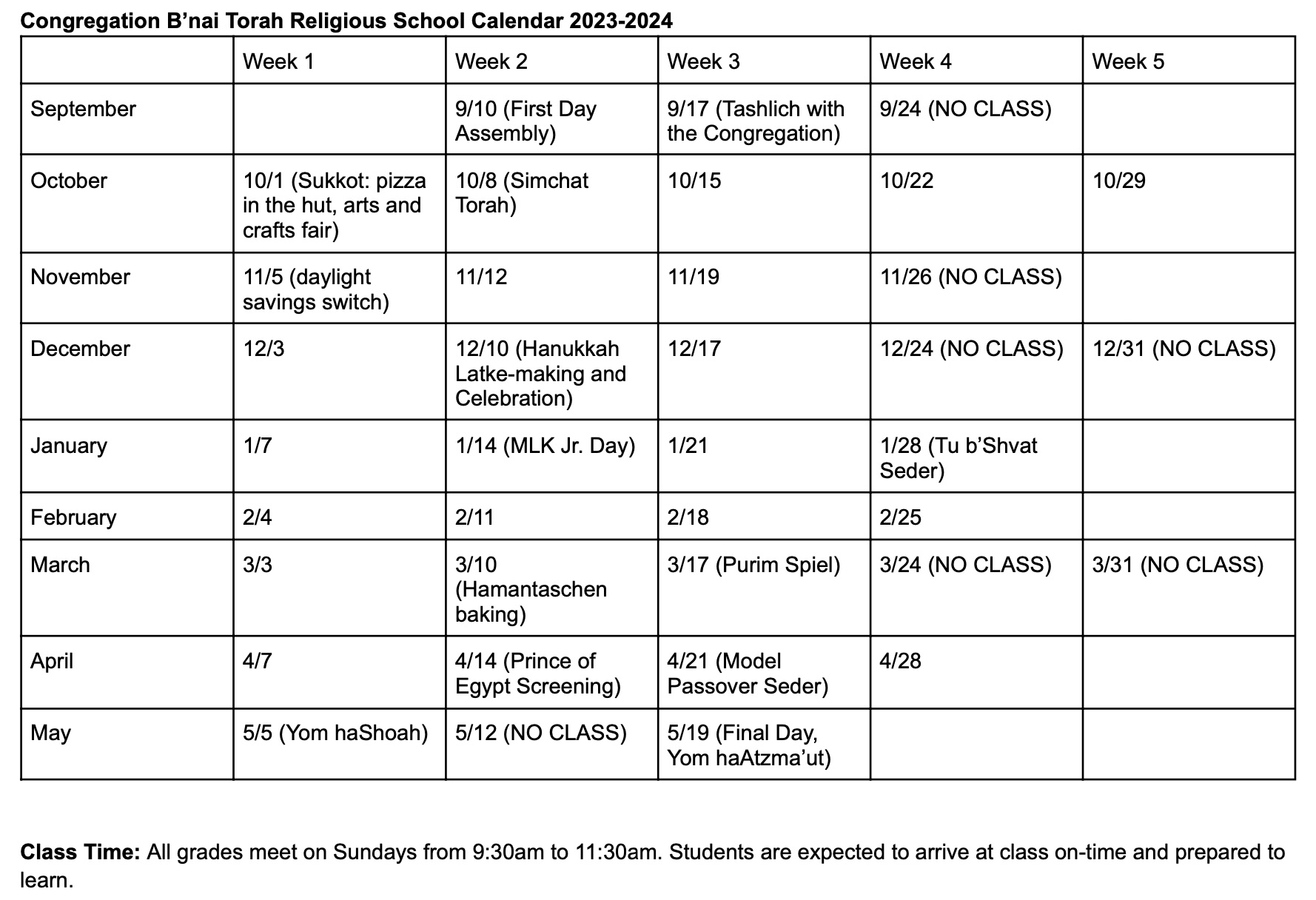 Religious School Information - Congregation B'nai Torah
